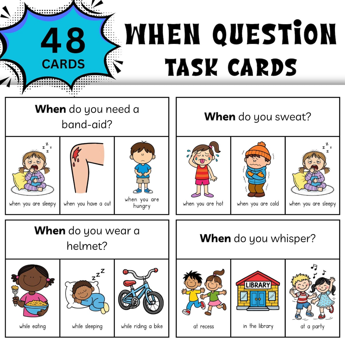 48 WHEN Question Task Cards; WH Question Clip Cards; Speech Therapy ...