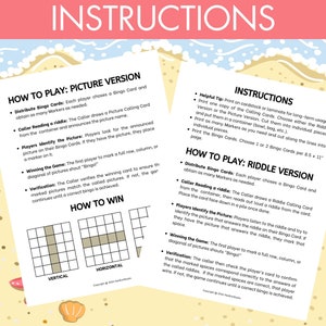 Summer Riddle Bingo Set 32 Calling Cards and 40 Bingo Cards; Printable ...