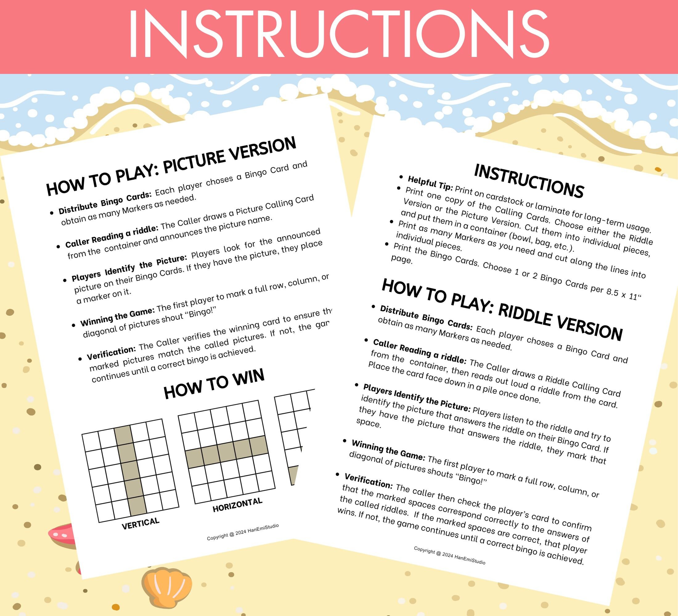 Summer Riddle Bingo Set 32 Calling Cards and 40 Bingo Cards; Printable ...