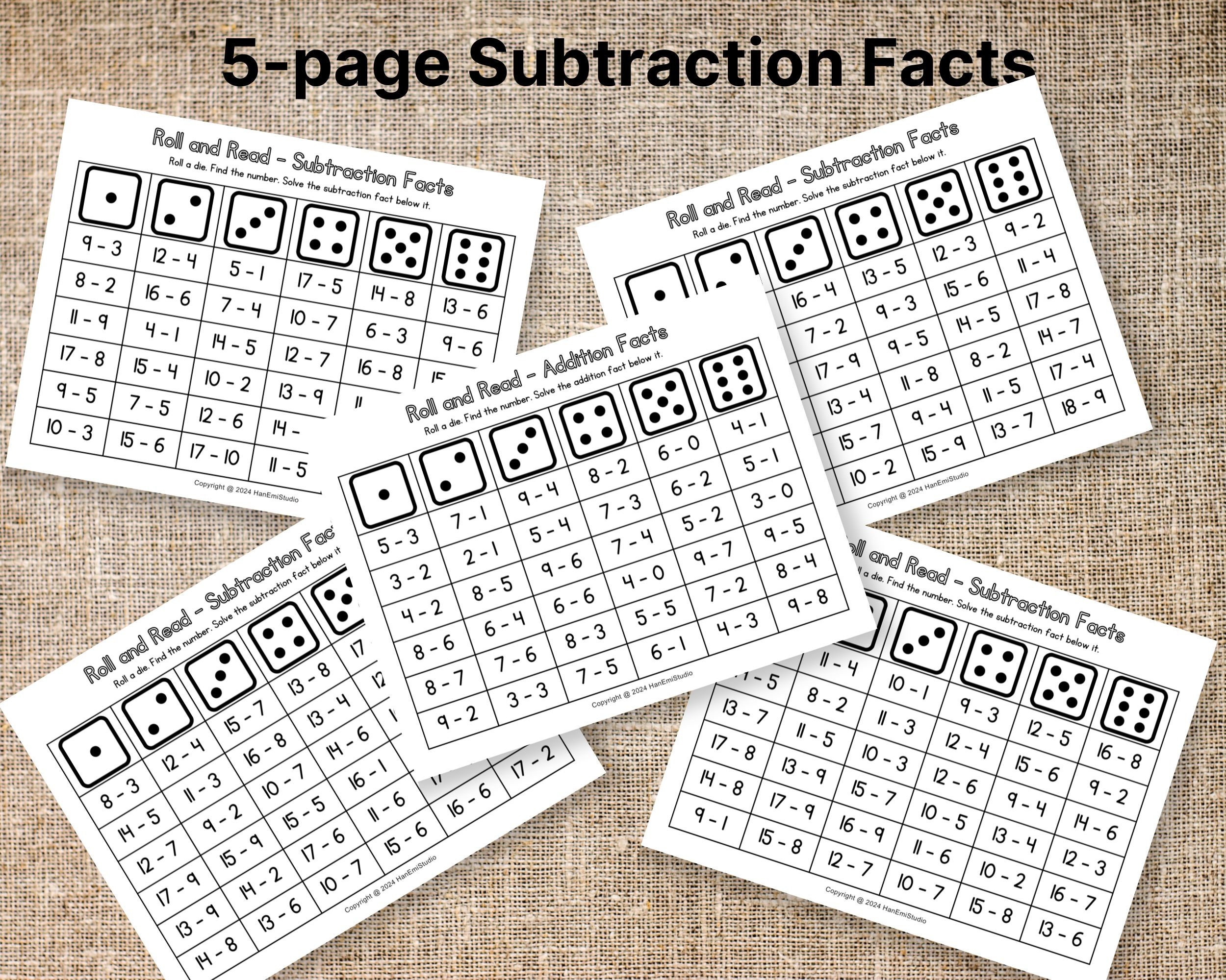 10- Page Roll and Read Addition and Subtraction Math Facts; Math Games ...