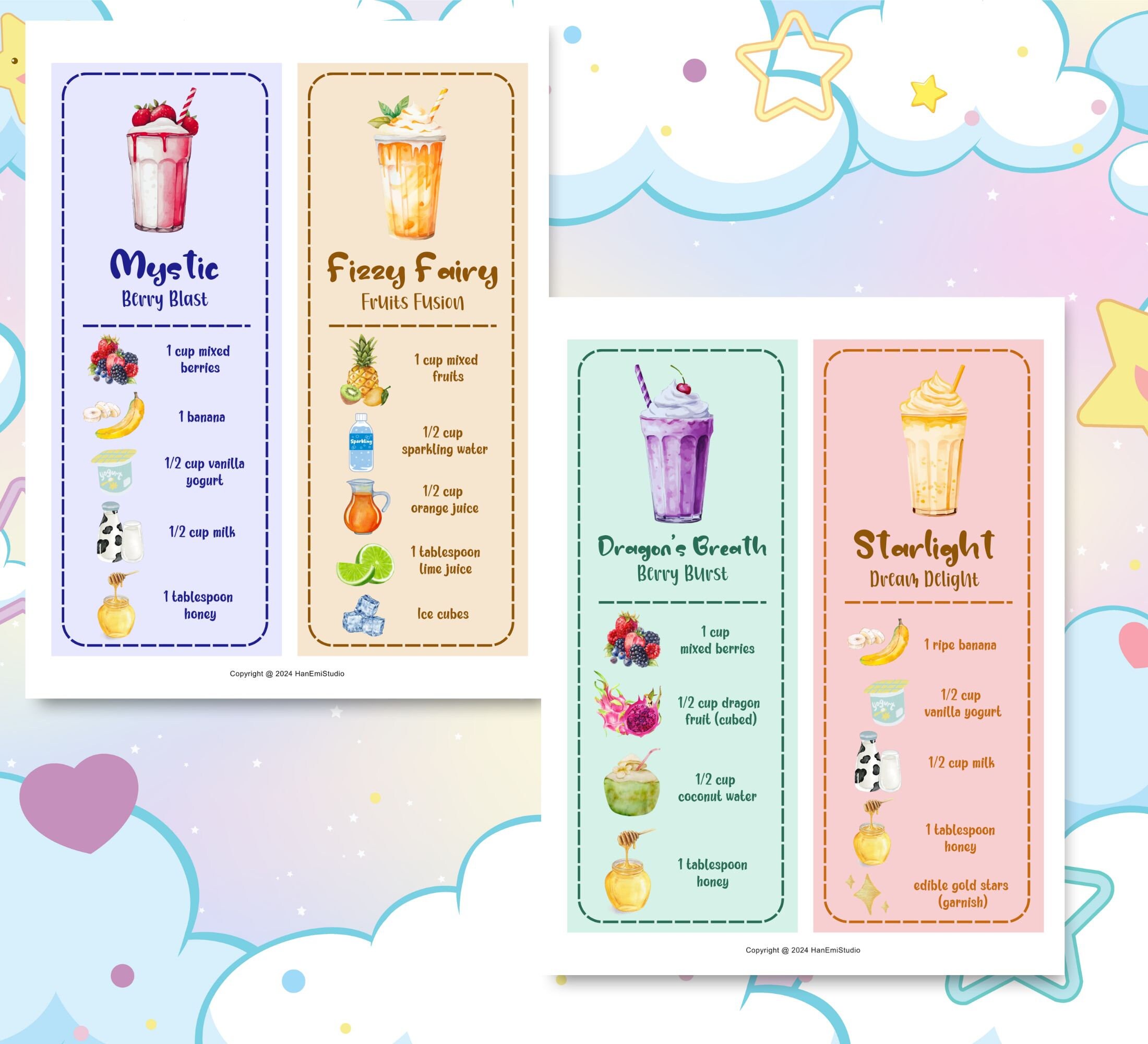 10 Magical Smoothie Recipe Cards for Kids; Healthy Eating; Illustrated ...