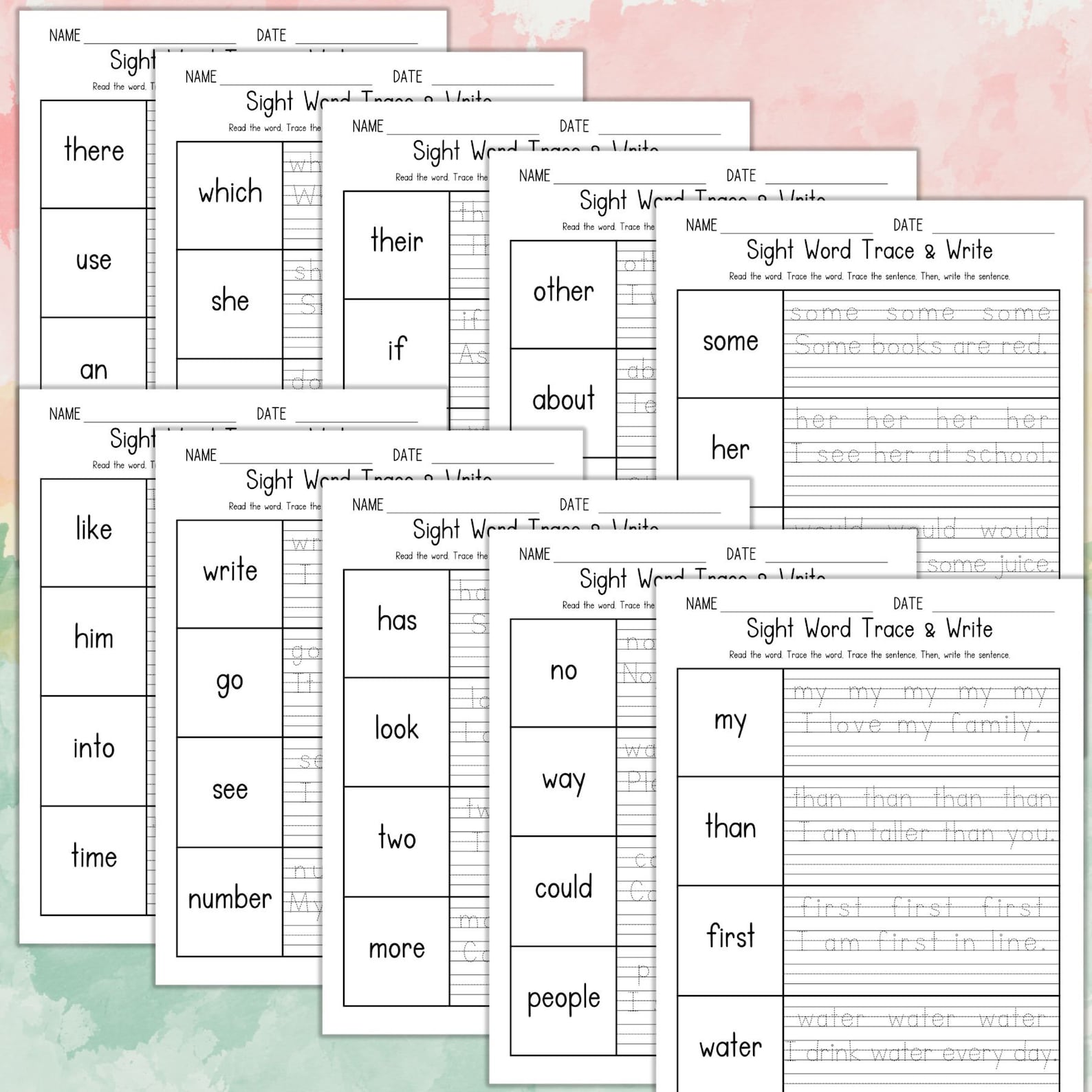 First 100 Sight Word Trace and Write Worksheet; Handwriting Practice ...