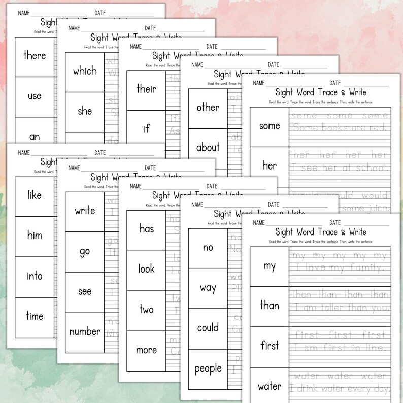 First 100 Sight Word Trace and Write Worksheet; Handwriting Practice ...