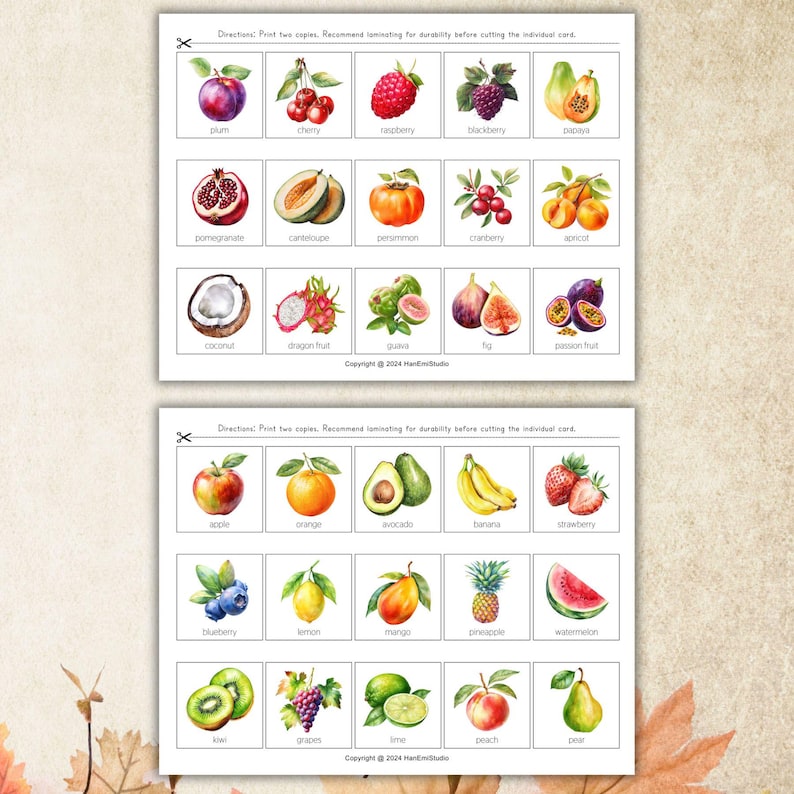 30 Pairs Fruits Memory Game; Fruits Matching Cards; Fruits Matching ...