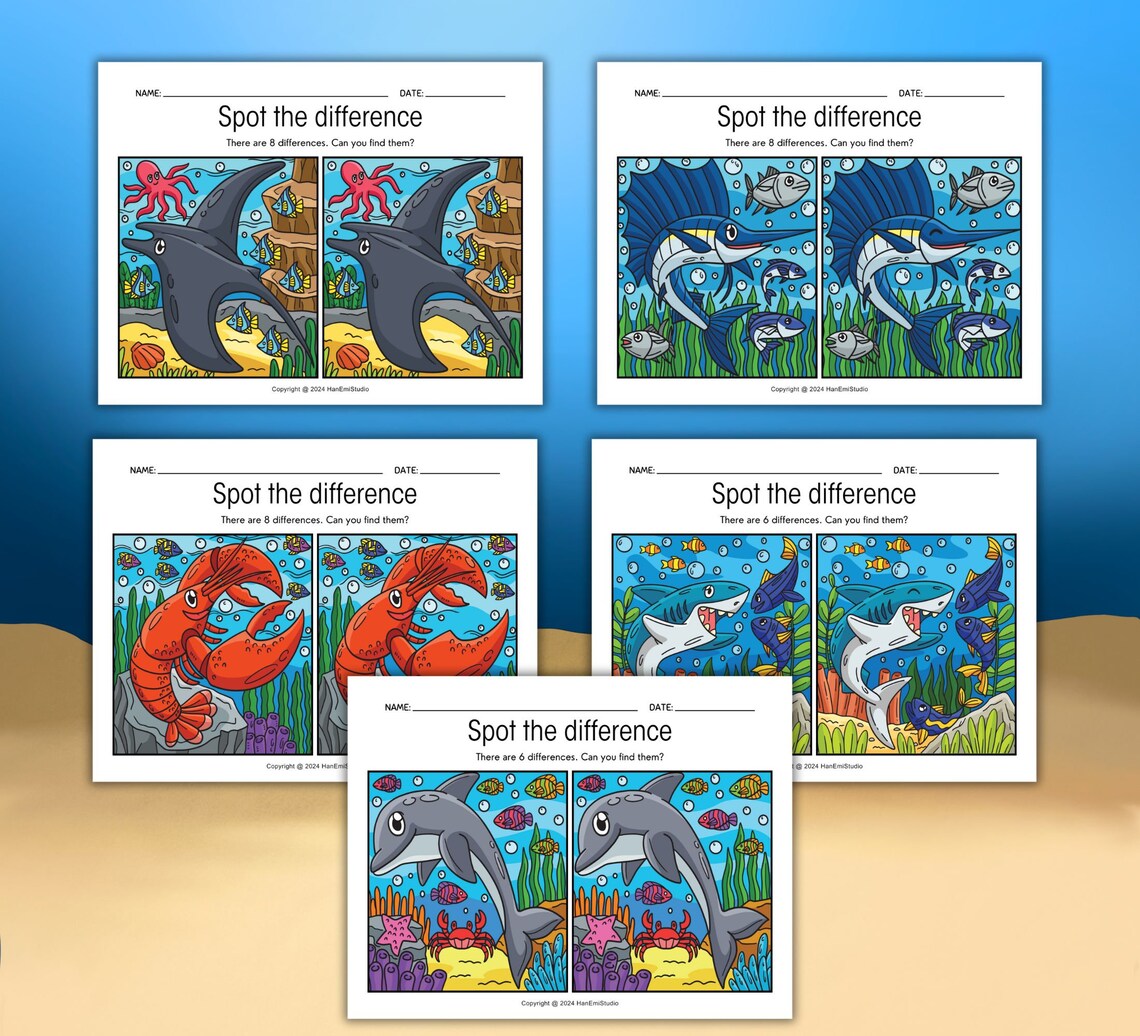 10 Sea Animal Spot the Difference Worksheets Difficult Version for Kids ...