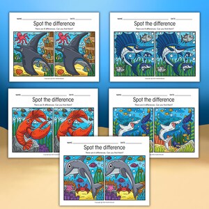 10 Sea Animal Spot the Difference Worksheets Difficult Version for Kids ...