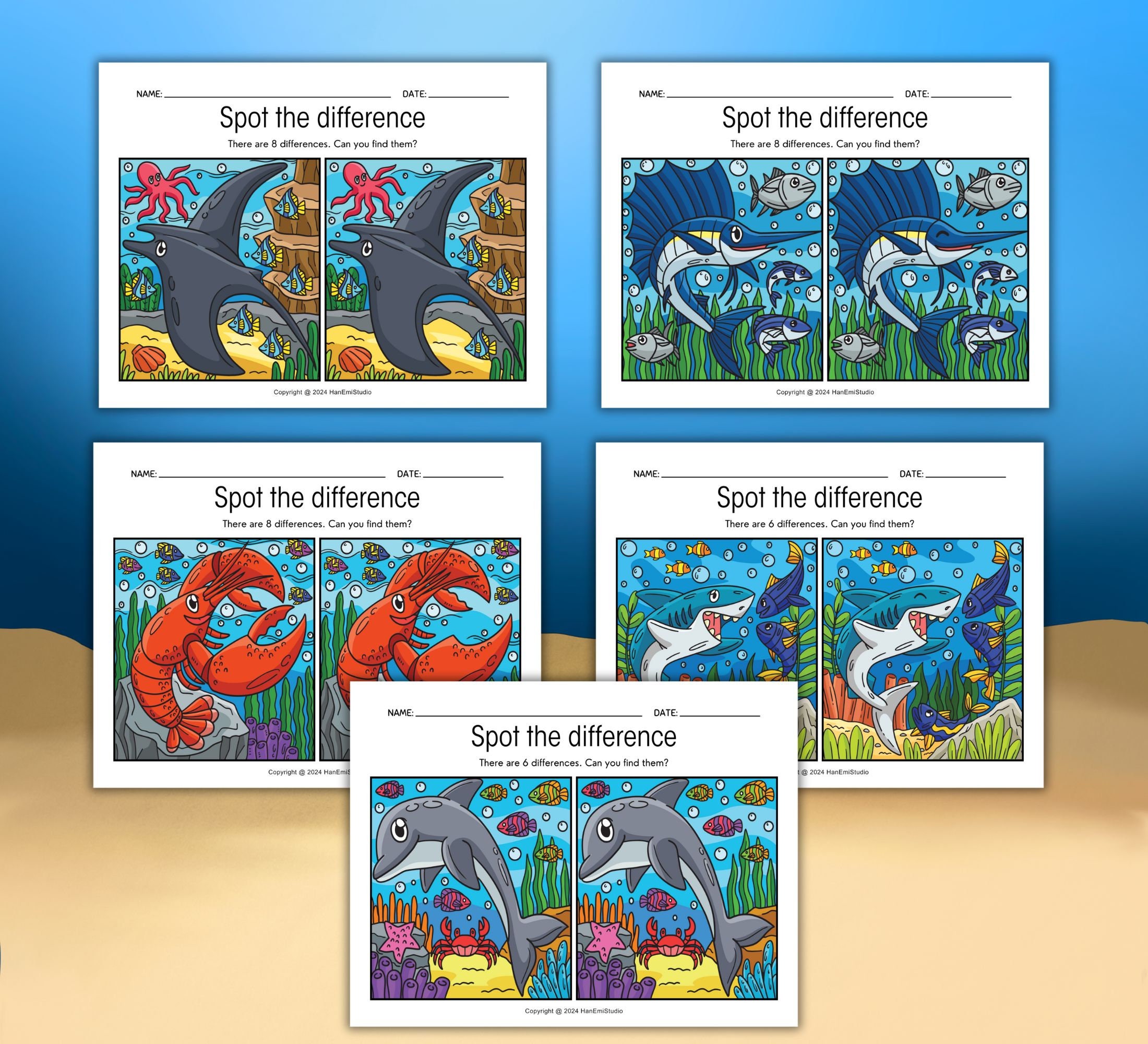 10 Sea Animal Spot the Difference Worksheets Difficult Version for Kids ...