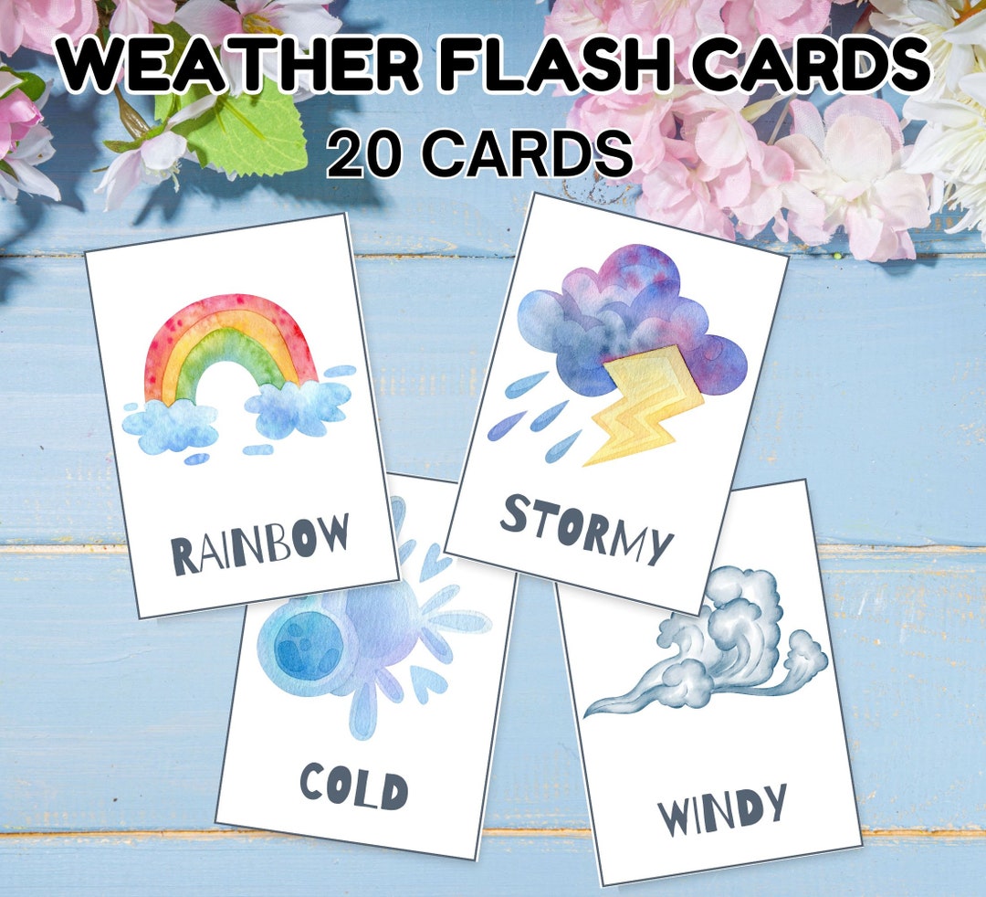20 Weather Flash Cards, Educational Cards for Kids, Watercolor ...