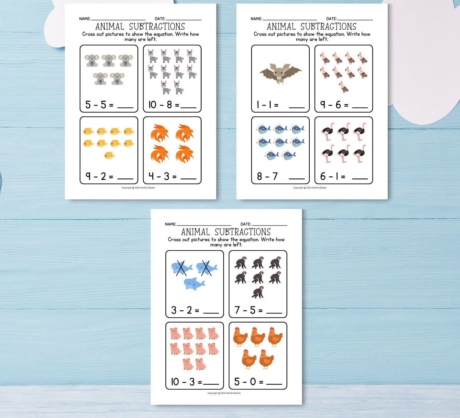 Animal Subtraction Worksheets Numbers 1 - 10 for Kindergarteners and ...