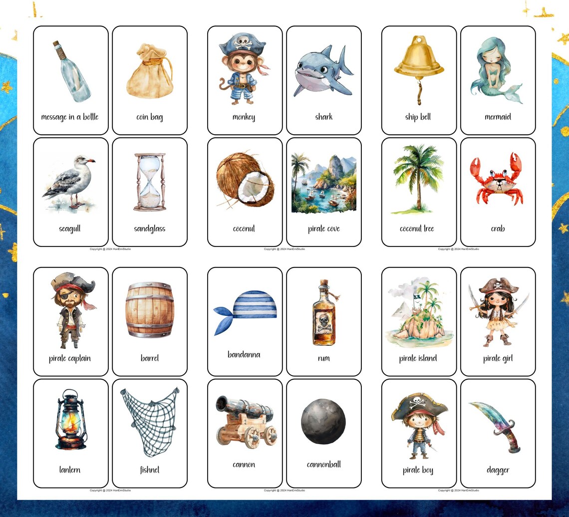 44 Watercolor Pirate Vocabulary Flashcards for Kids; Kids Learning ...