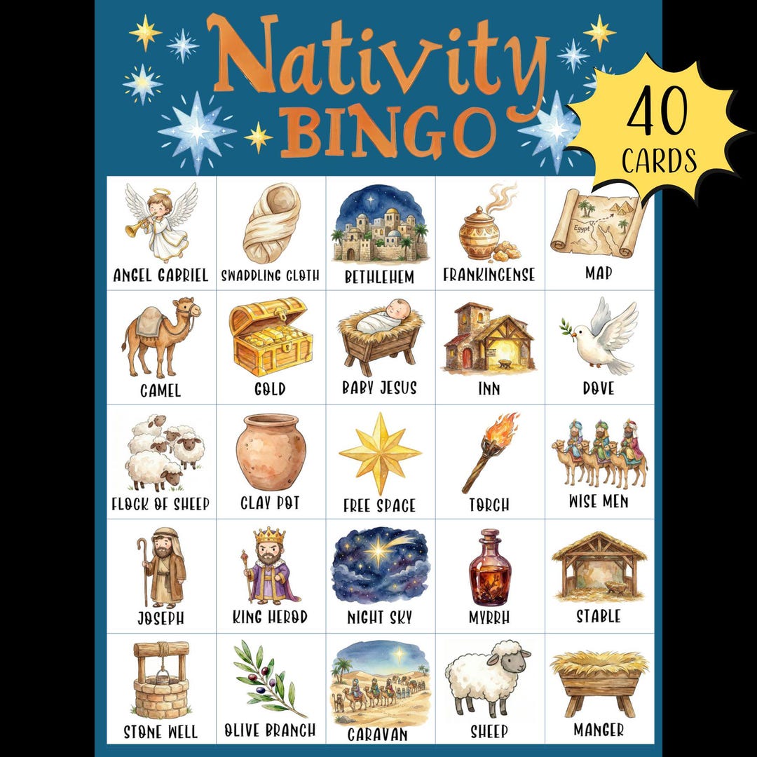 Printable Nativity Bingo Game; Holiday Bingo Game; Bible Bingo Game ...