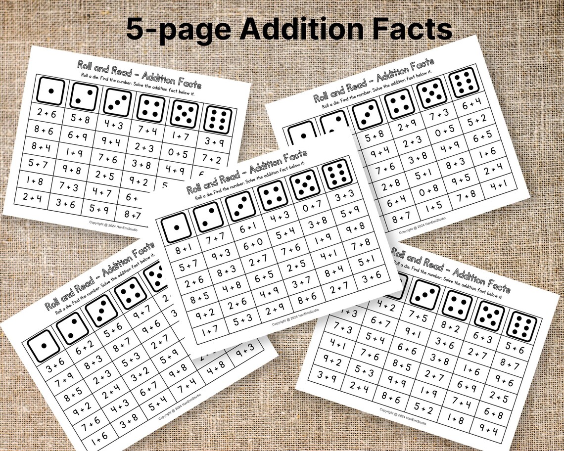 10- Page Roll and Read Addition and Subtraction Math Facts; Math Games ...