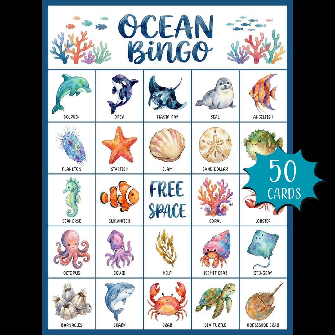 Ocean Bingo Printable Game; Under the Sea Birthday Party Activity; Sea ...