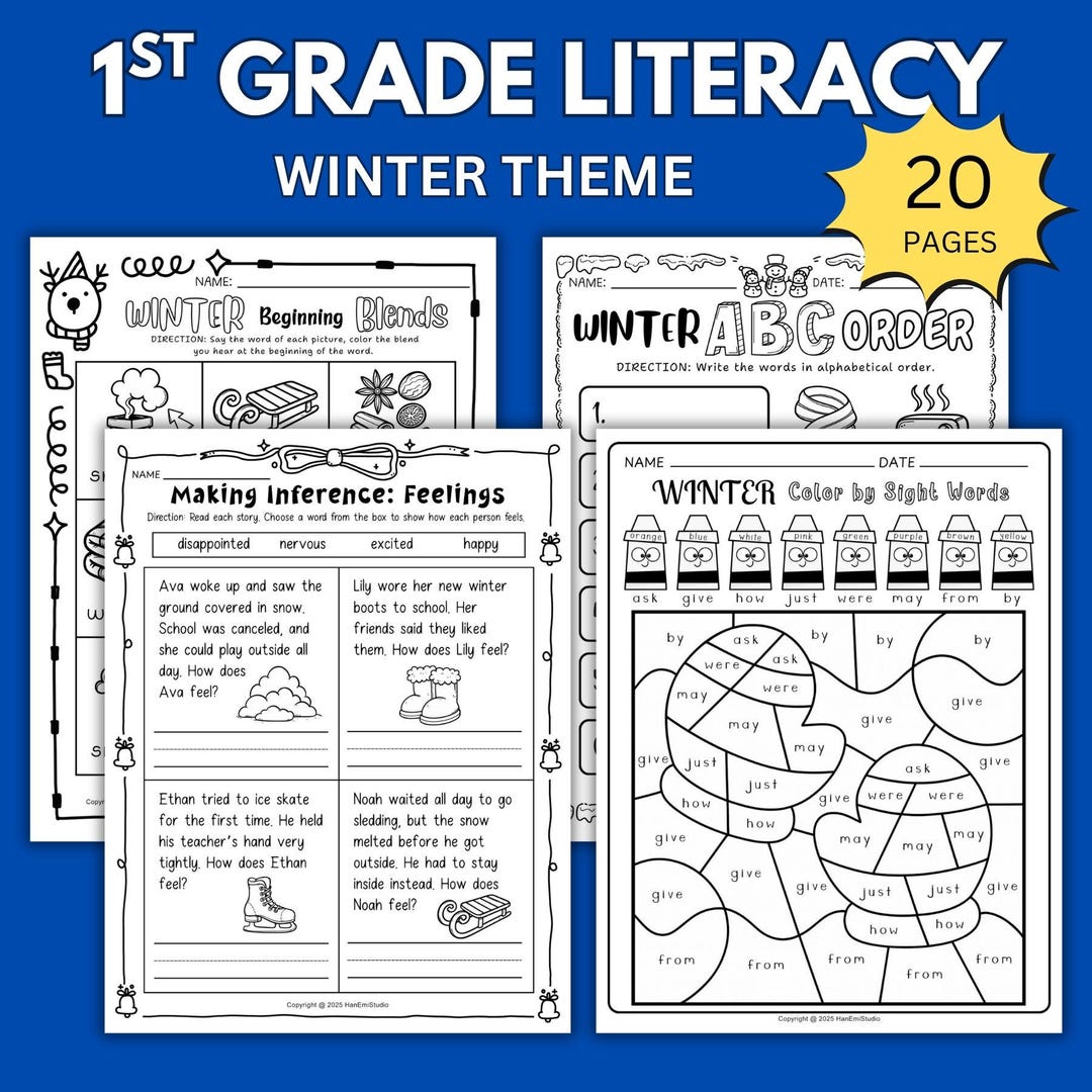 Winter Literacy Worksheets for 1st Grade; First Grade ELA Worksheets ...