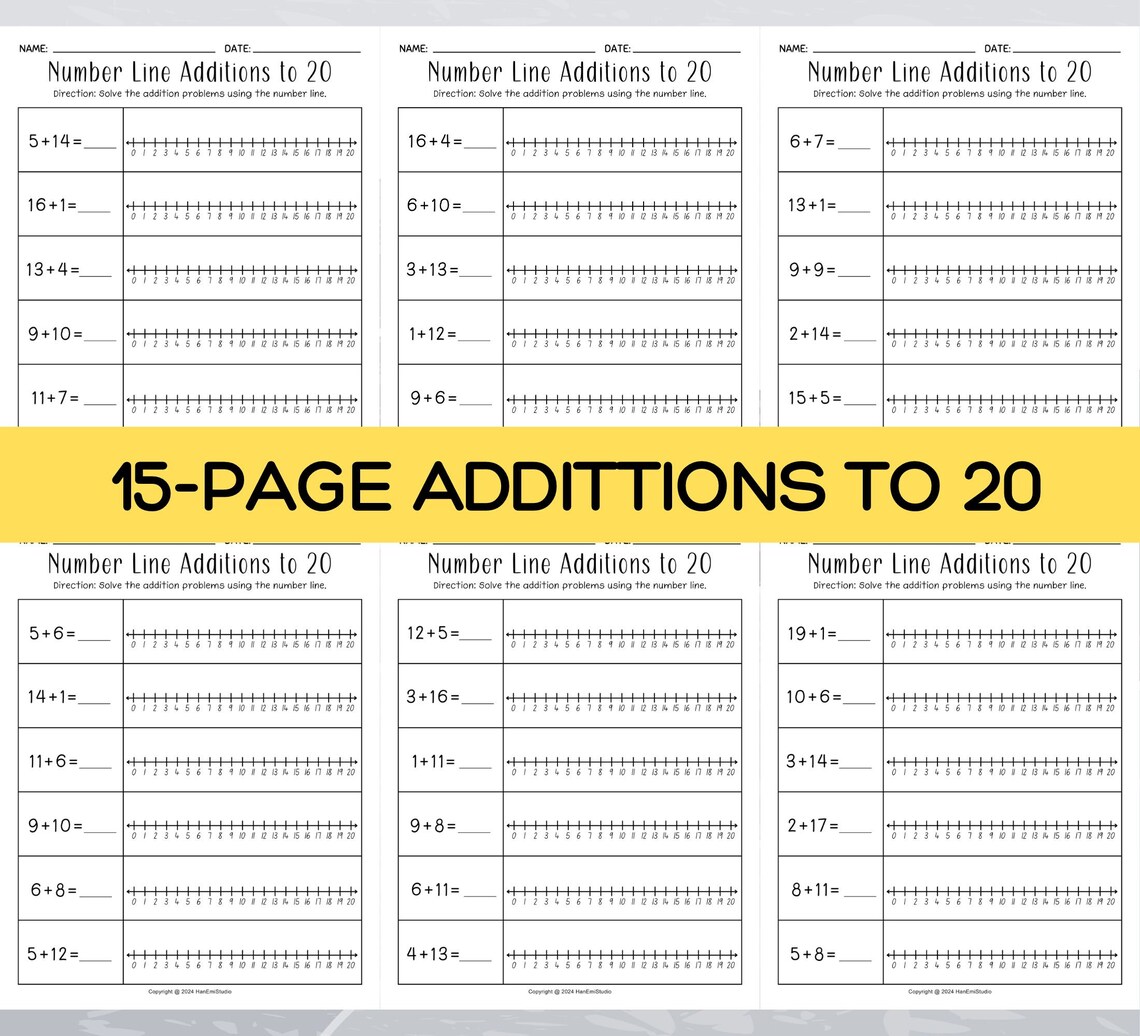 25 Number Line Addition Worksheets; Additions to 10; Additions to 20 ...