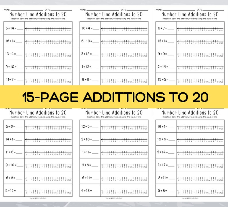 25 Number Line Addition Worksheets; Additions to 10; Additions to 20 ...