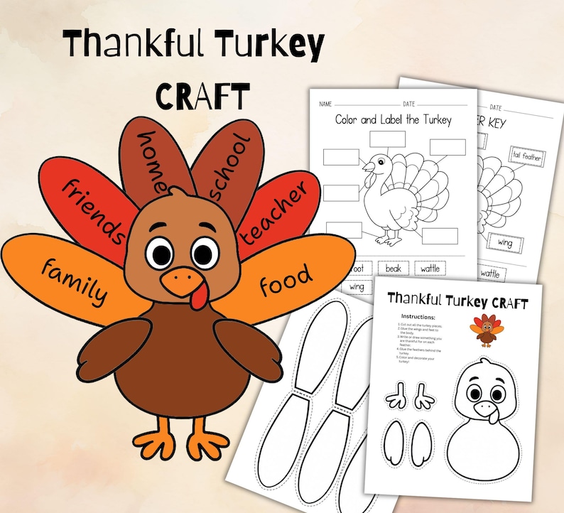 Manualidad imprimible de pavo de agradecimiento; partes de un pavo ...