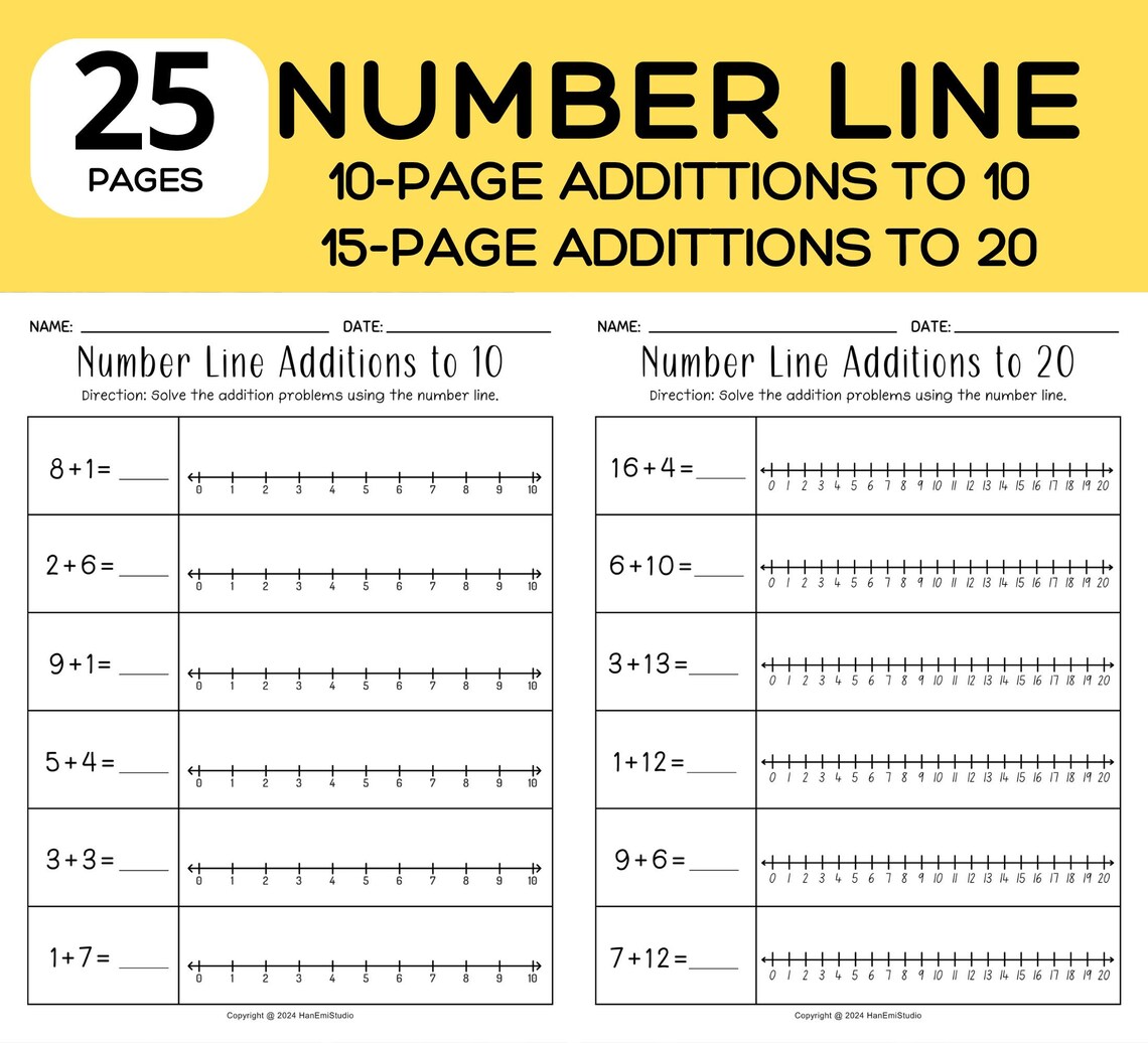 25 Number Line Addition Worksheets; Additions to 10; Additions to 20 ...