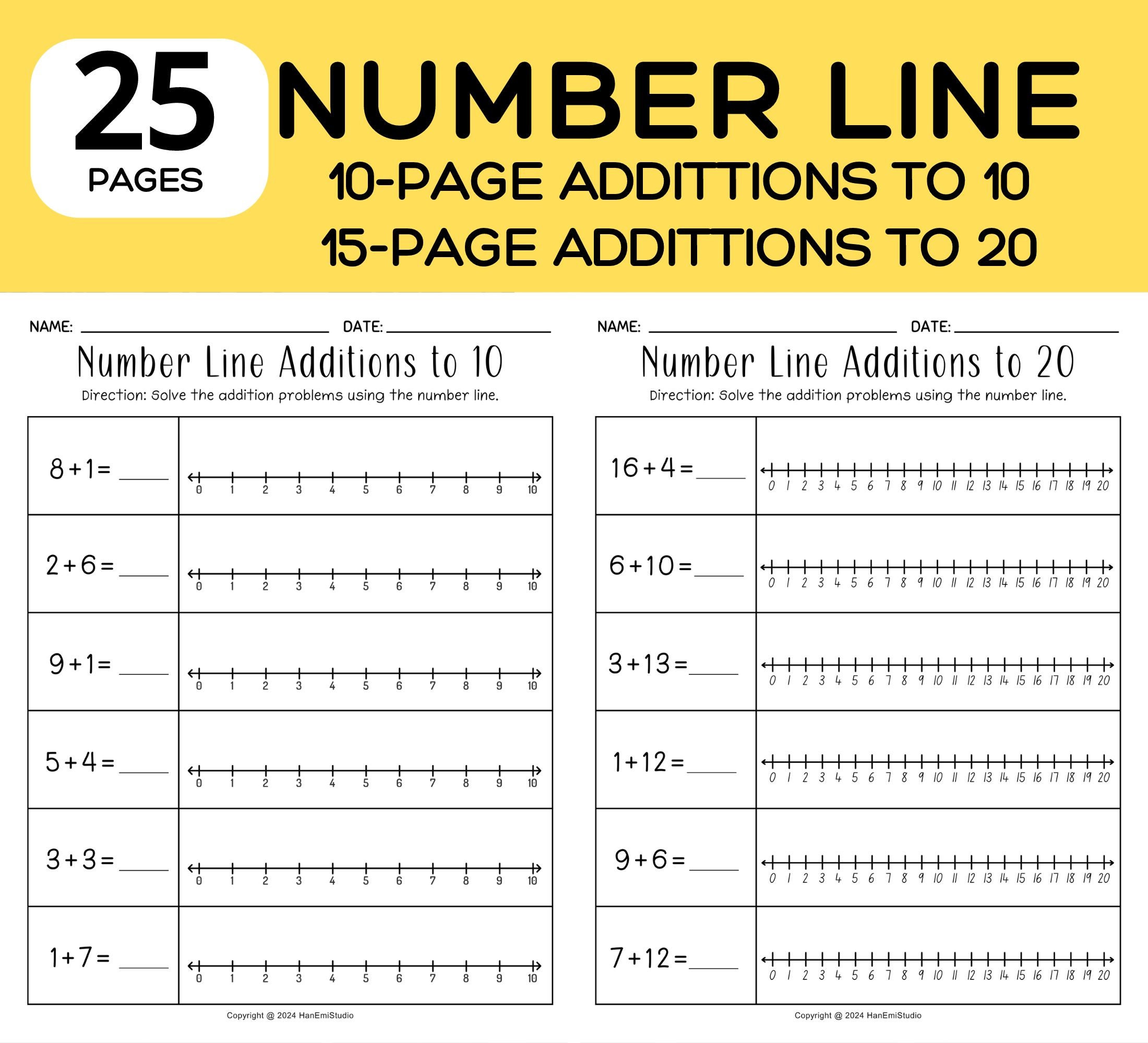 25 Number Line Addition Worksheets; Additions to 10; Additions to 20 ...