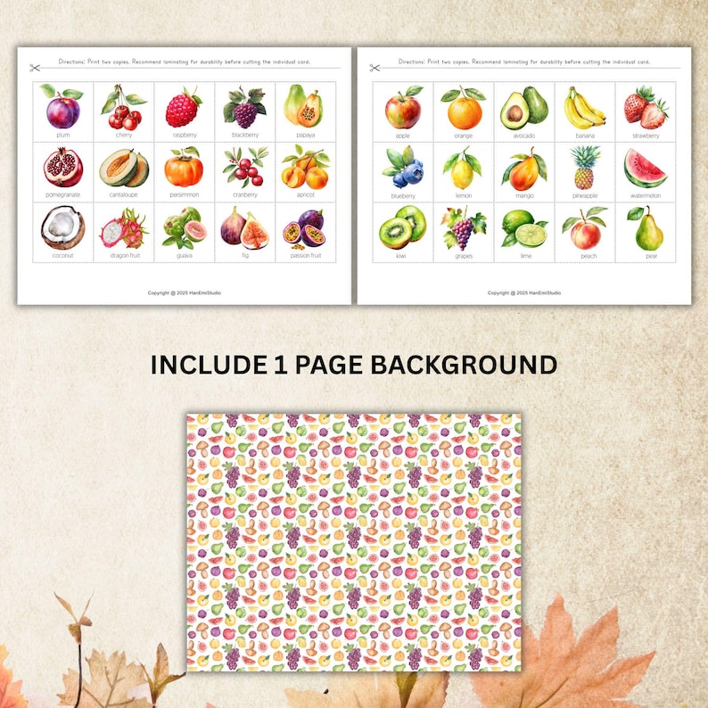 30 Pairs Fruits Memory Game; Fruits Matching Cards; Fruits Matching ...