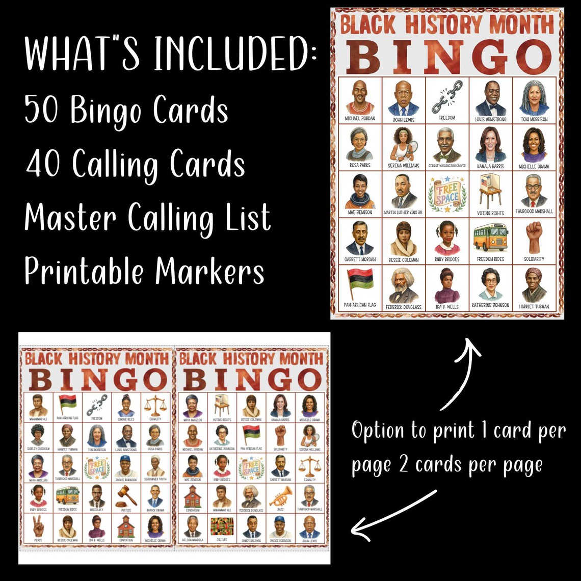Black History Month Bingo Game Printable; Black History Flashcards ...
