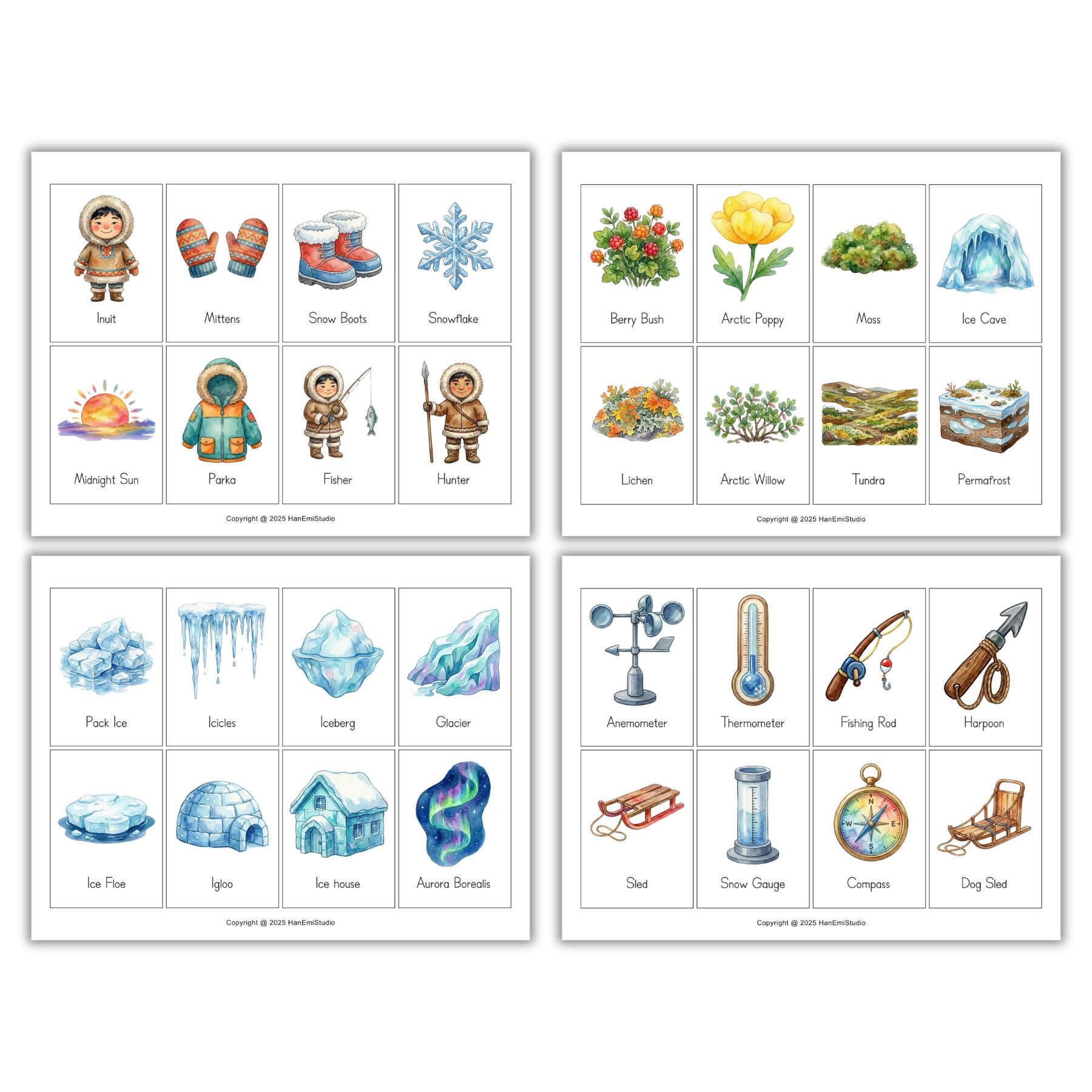 Arctic Vocabulary Flashcards; Watercolor Kids Flashcards; Arctic Animal ...