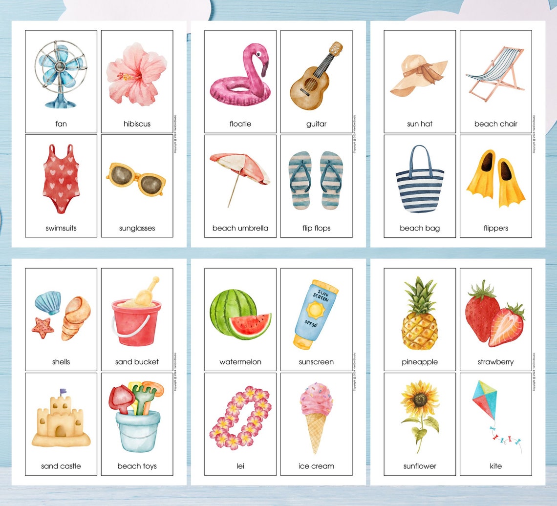 68 Watercolor Summer Vocabulary Flashcards for Kids; Kids Learning ...