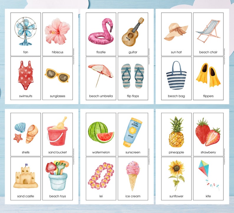 68 Watercolor Summer Vocabulary Flashcards for Kids; Kids Learning ...