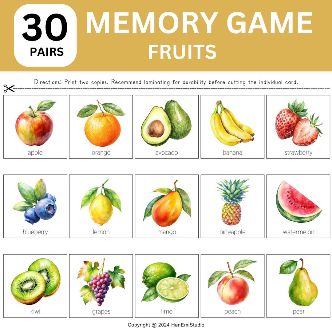 30 Pairs Fruits Memory Game; Fruits Matching Cards; Fruits Matching ...