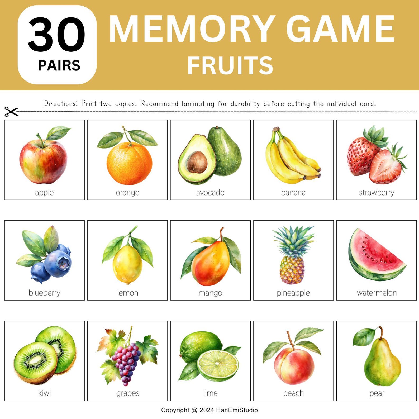 30 Pairs Fruits Memory Game; Fruits Matching Cards; Fruits Matching ...