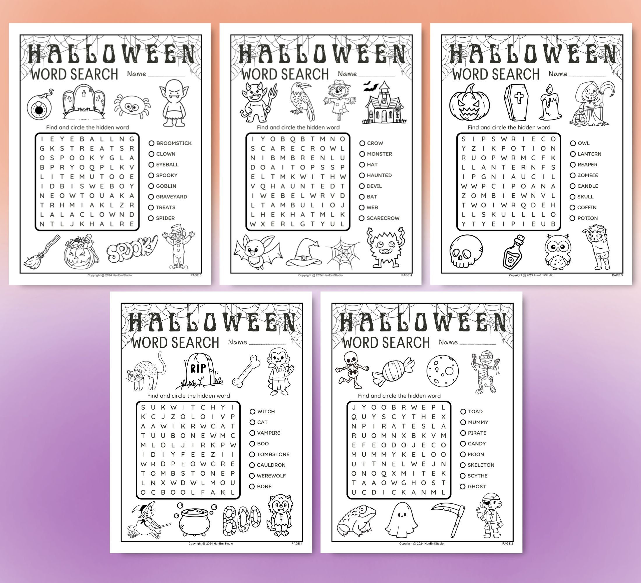 5-page Halloween Word Search for Kids; Printable Word Search Pages ...