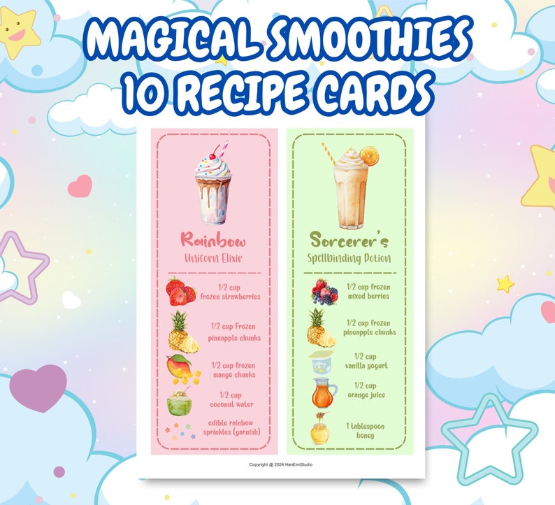10 Magical Smoothie Recipe Cards for Kids; Healthy Eating; Illustrated Recipe Cards; Kid ...