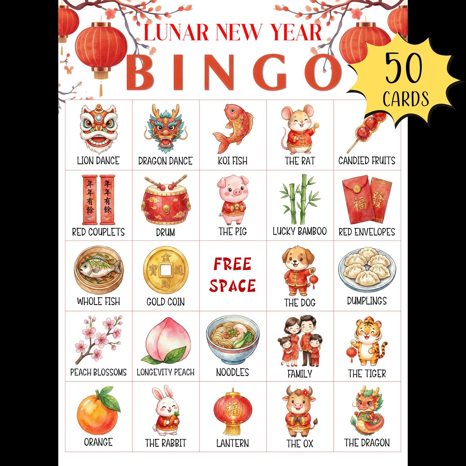 Lunar New Year Bingo Printable; Chinese New Year Party Game; Chinese ...