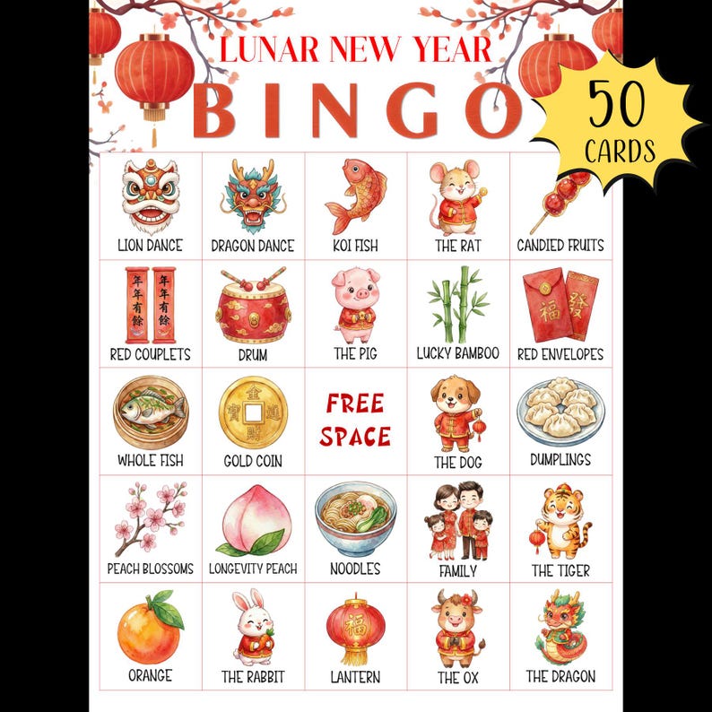 Lunar New Year Bingo Printable; Chinese New Year Party Game; Chinese ...