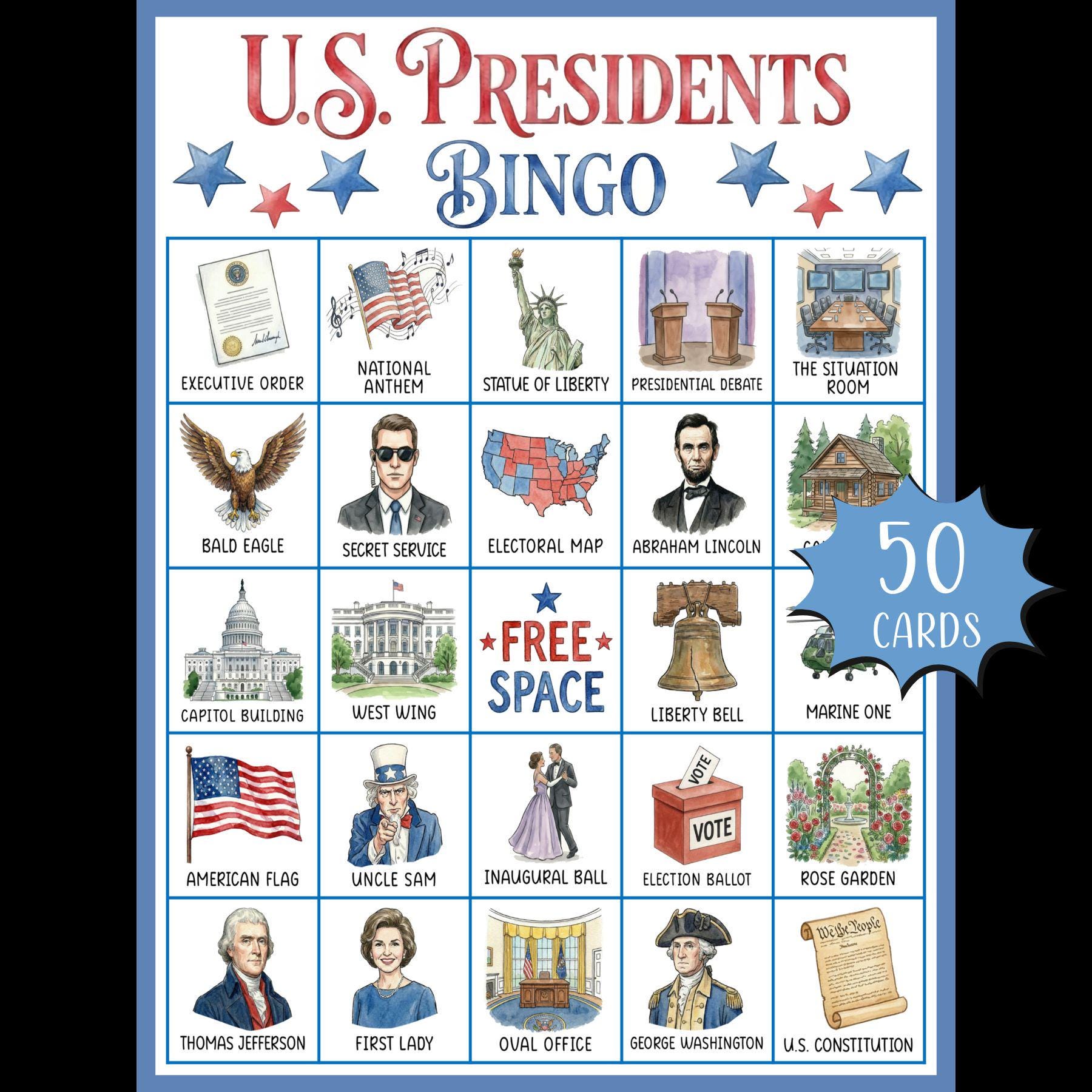 U.S. Presidents Bingo Game Printable; President's Day Bingo; Classroom ...