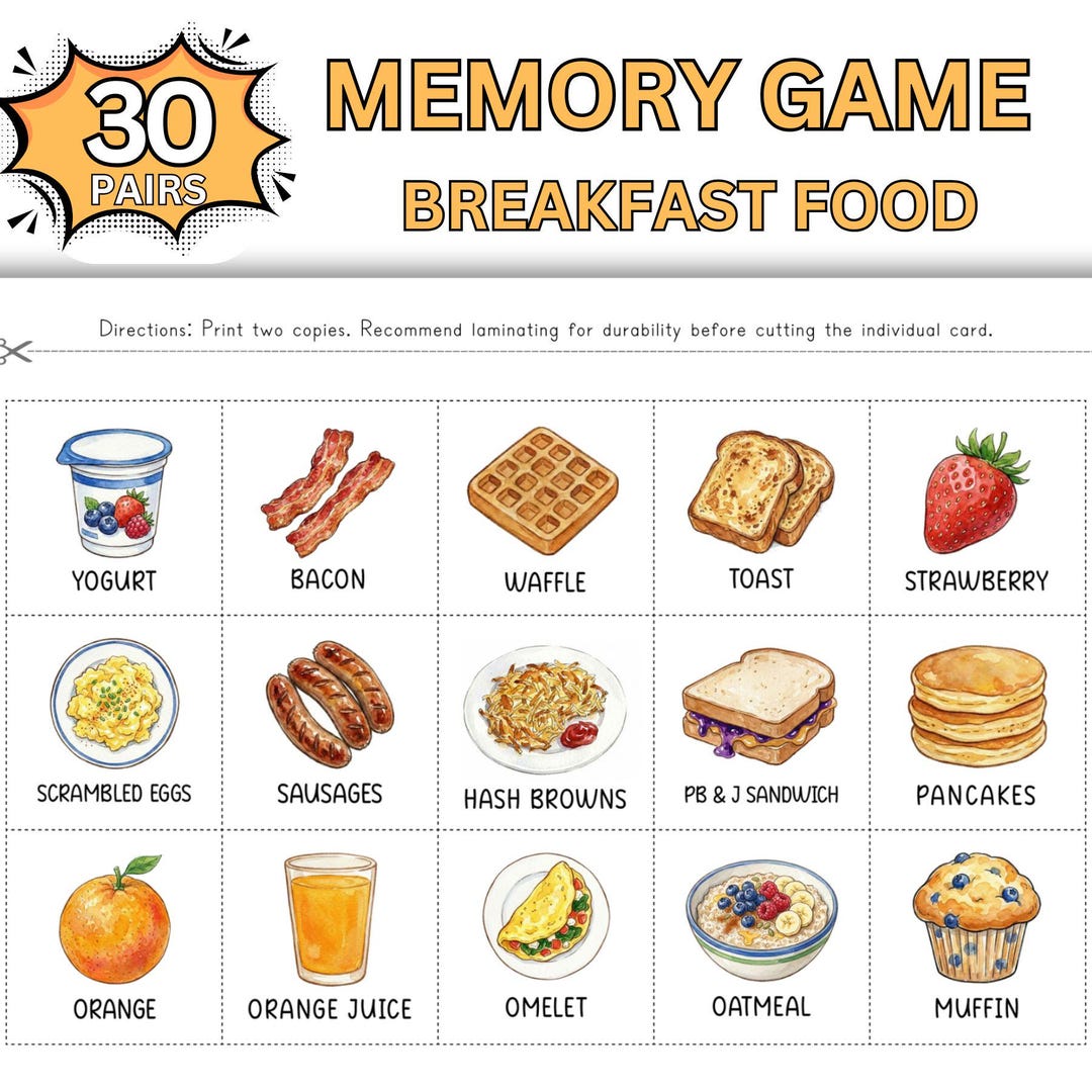 Breakfast Food Memory Match Game Printable; Food Matching Game; Kids ...