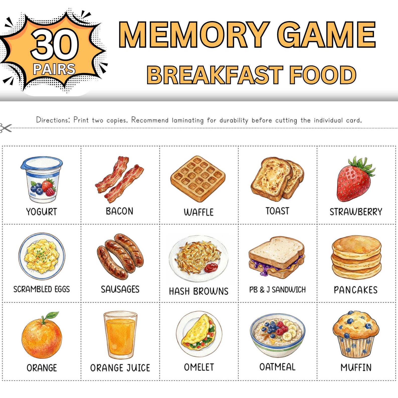 Breakfast Food Memory Match Game Printable; Food Matching Game; Kids ...