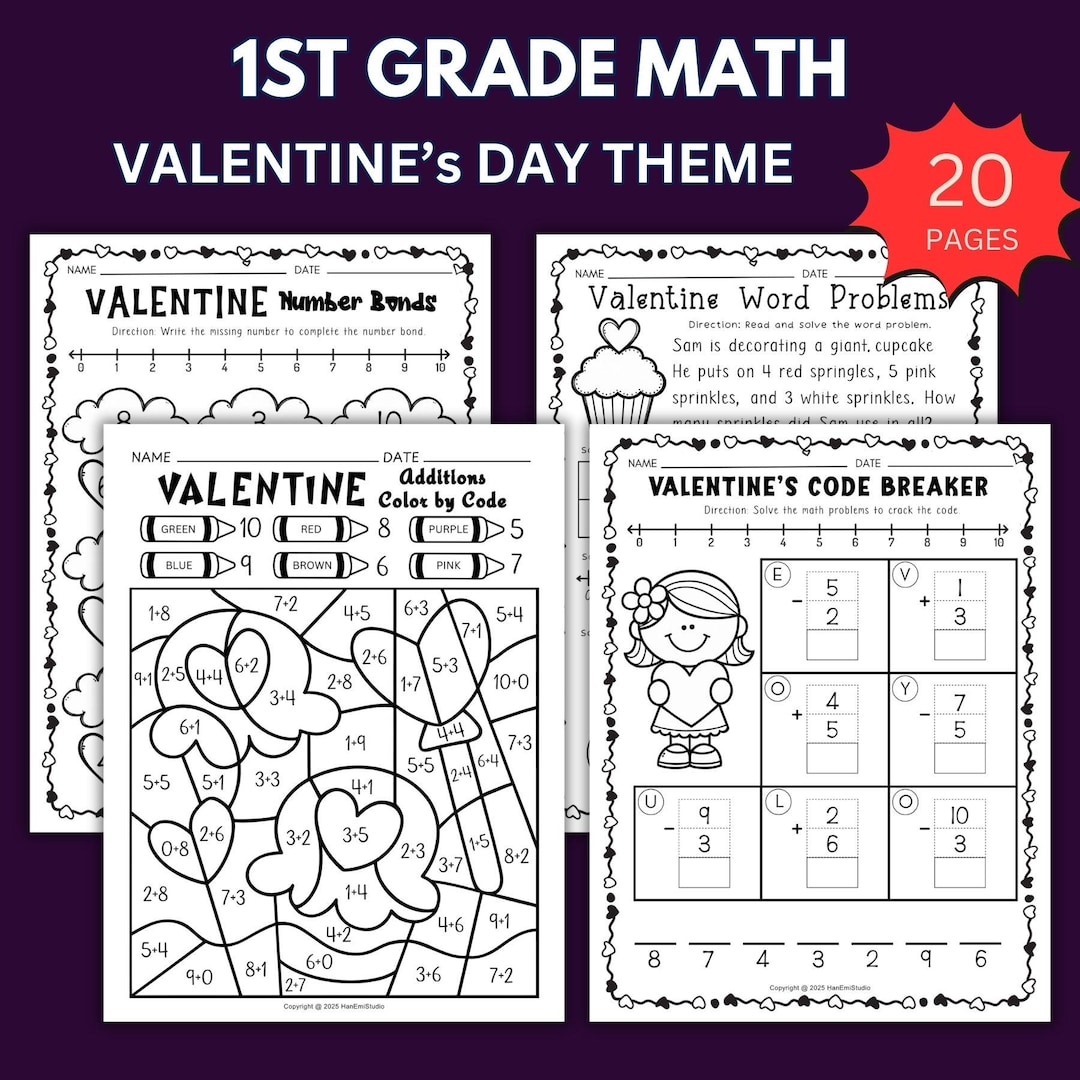 Valentine’s Day First Grade Math Bundle; Printable First Grade Math ...