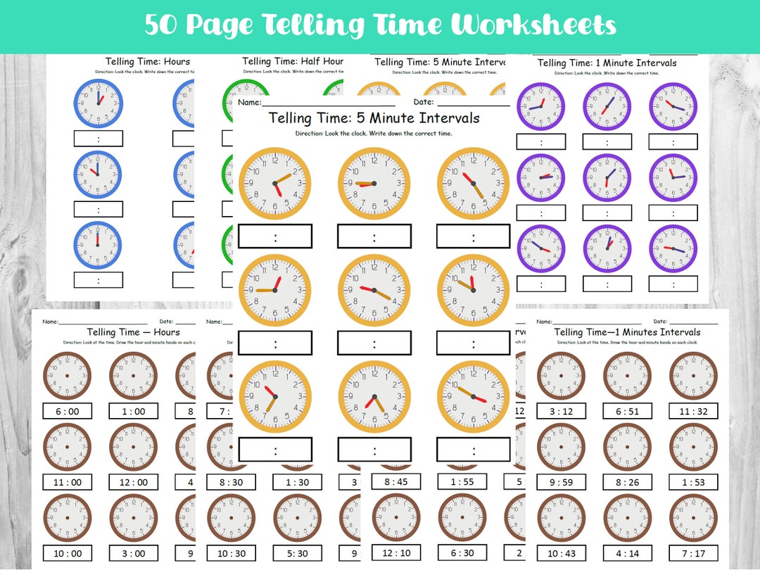 50 Pages Telling Time Worksheets; Clock Reading Worksheet; Homeschool ...