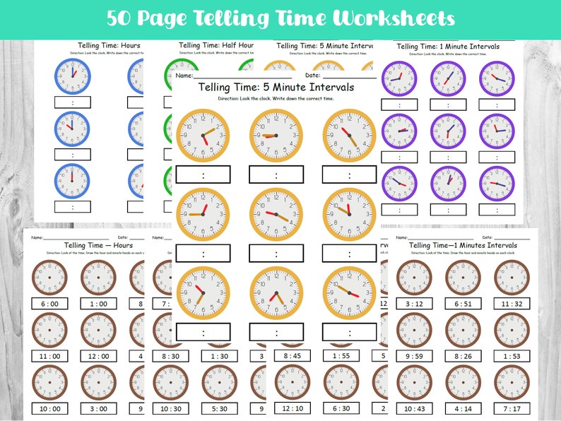 50 Pages Telling Time Worksheets; Clock Reading Worksheet; Homeschool ...