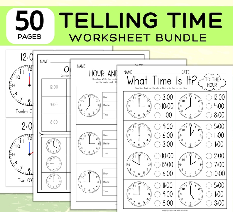50 Page Telling Time Worksheets; Reading Time; Telling Time Practice ...