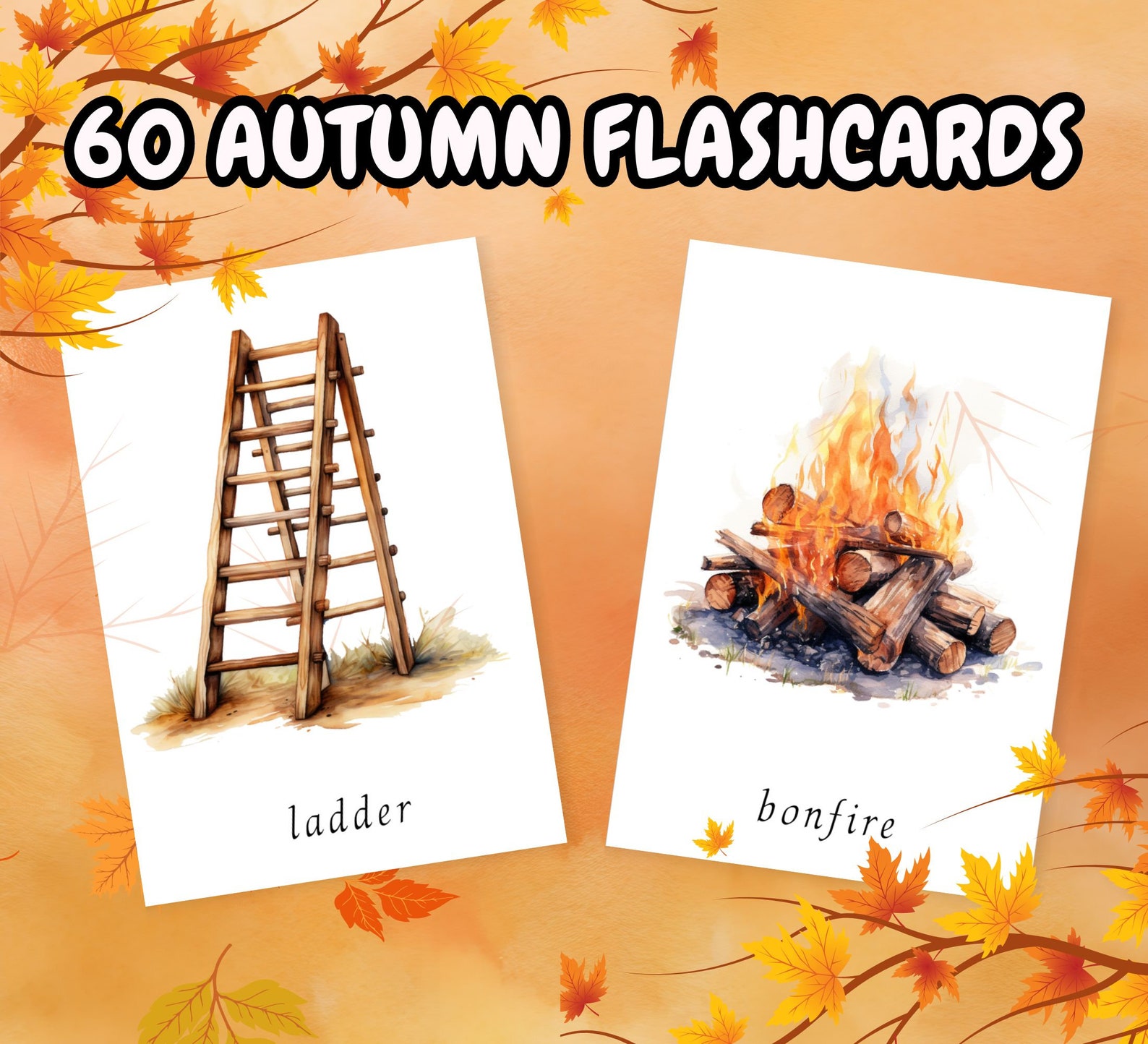 60 Watercolor Fall Vocabulary Flashcards for Kids; Kids Flashcards ...