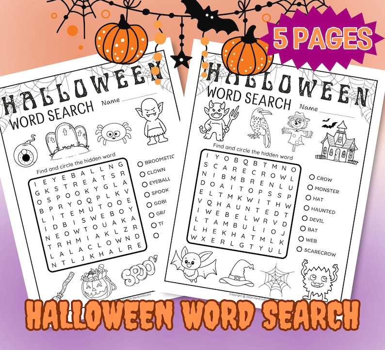 5-page Halloween Word Search for Kids; Printable Word Search Pages ...