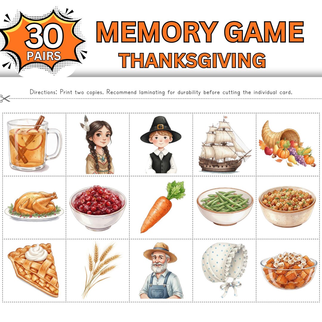 Thanksgiving Memory Game; 30 Pairs Printable Matching Cards; Printable ...