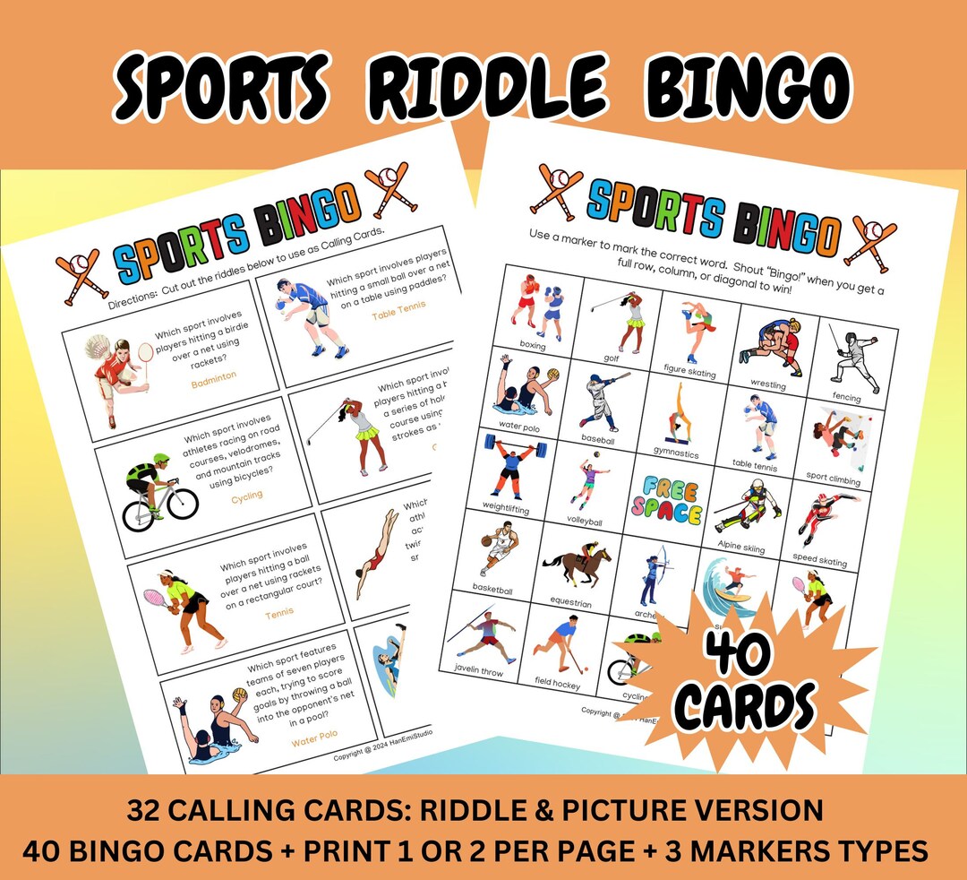 Sports Riddle Bingo Set; 32 Calling Cards; 40 Bingo Cards; and 2 Marker ...