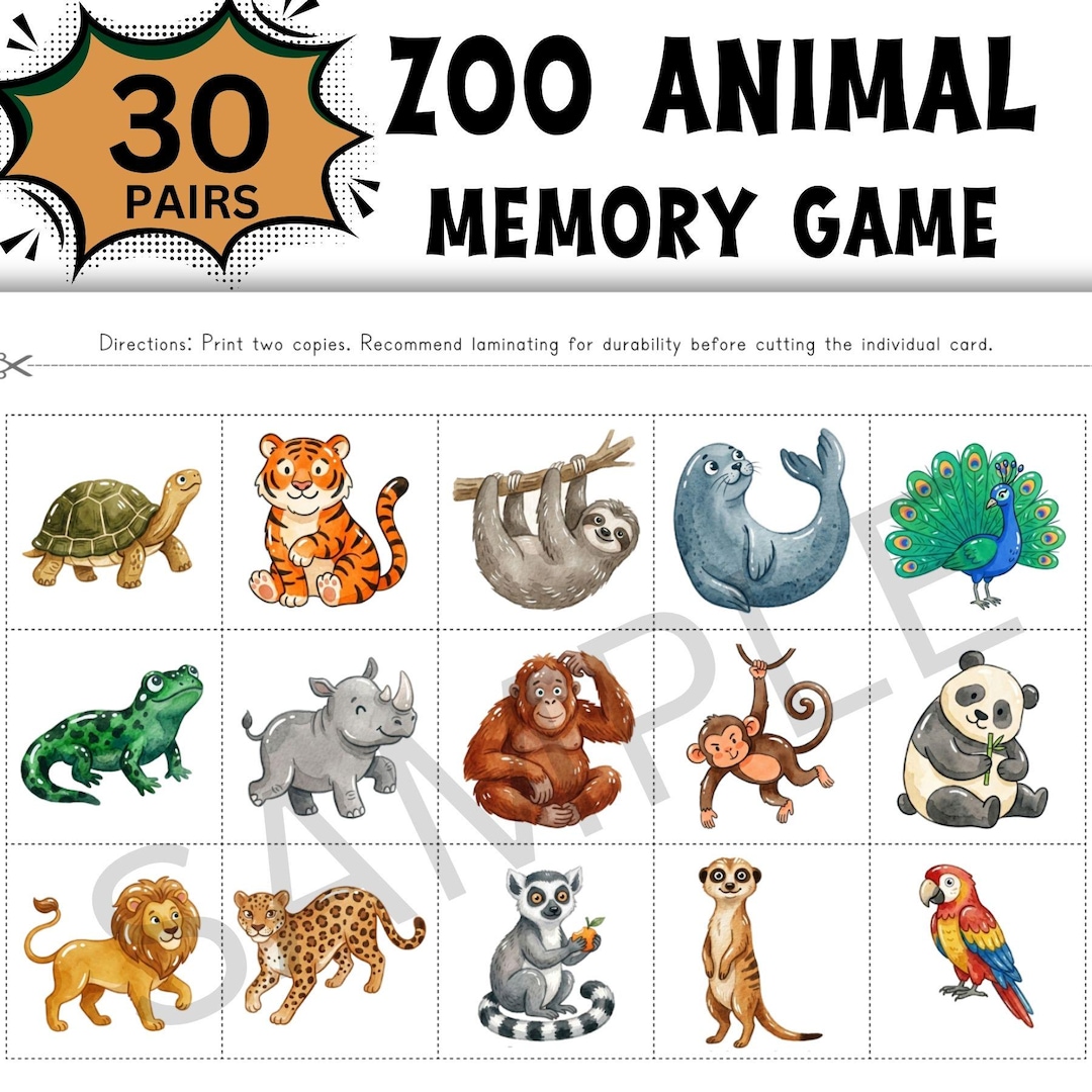 Zoo Animals Memory Game Printable; Animal Matching Game for Kids; Zoo ...