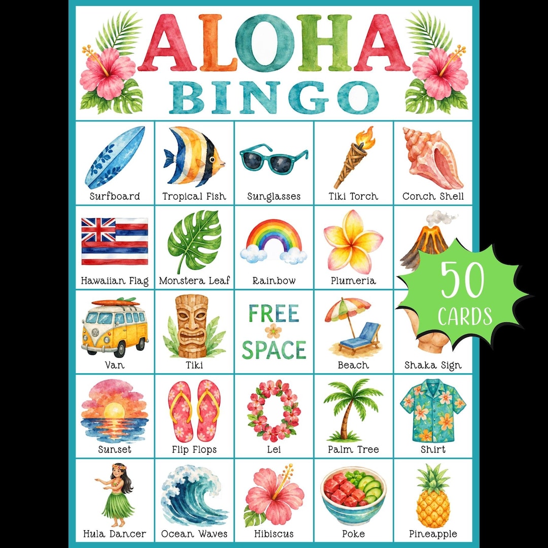 Hawaii Bingo Game Printable; Hawaiian Luau Party; Tropical Summer Game ...