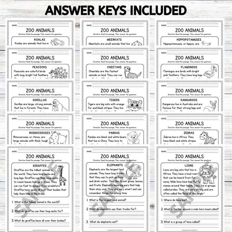 15 Zoo Animal Reading Comprehension Worksheets; 1st Grade Reading ...