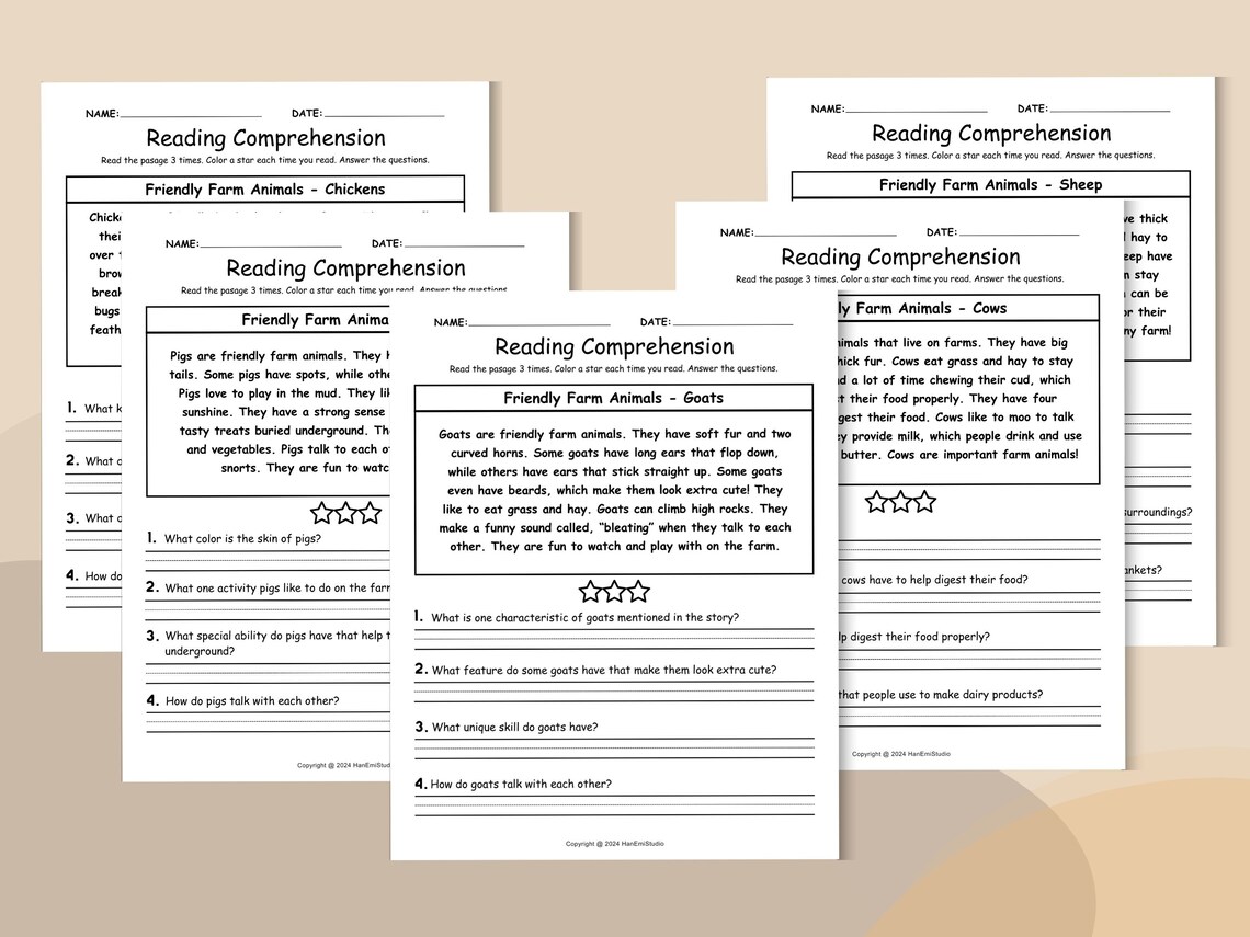 10 Reading Comprehension Worksheets About Friendly Farm Animals for ...