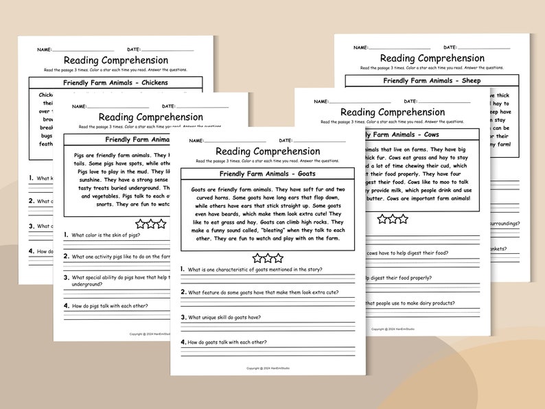 10 Reading Comprehension Worksheets About Friendly Farm Animals for ...